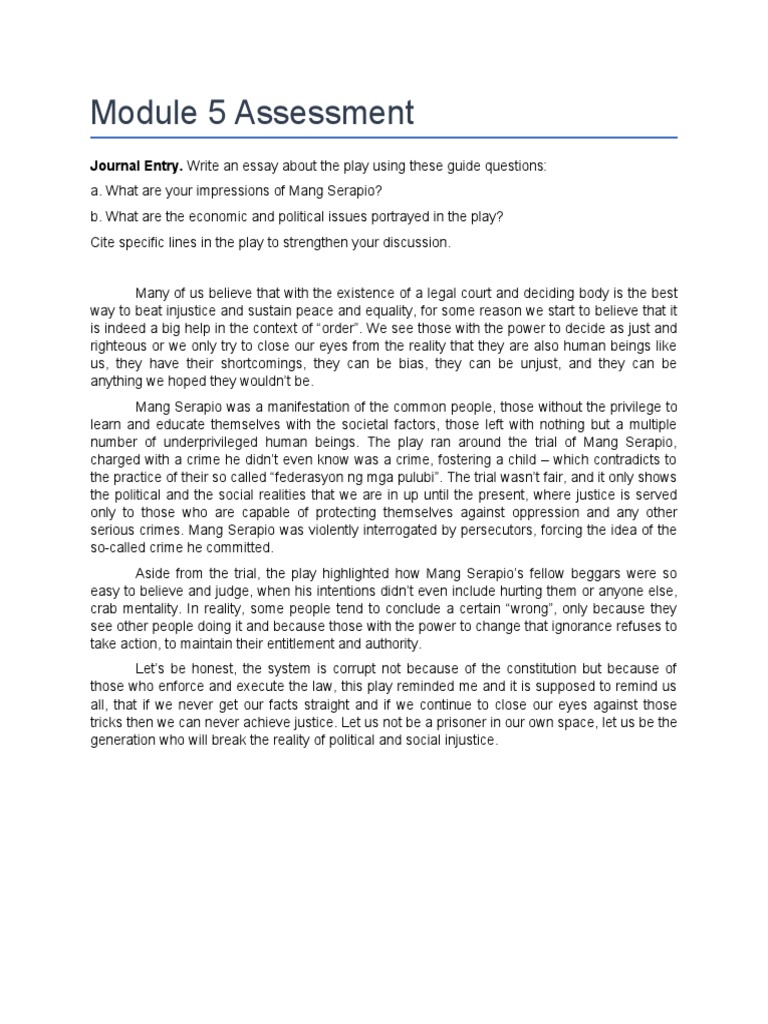 Module 5 Assessment: Journal Entry. Write An Essay About The Play Using ...