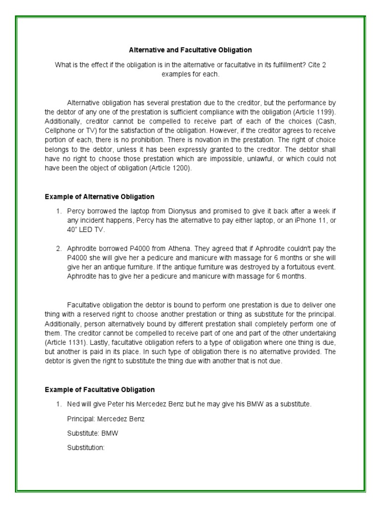Alternative and Facultative Obligation | PDF | Private Law | Business Law