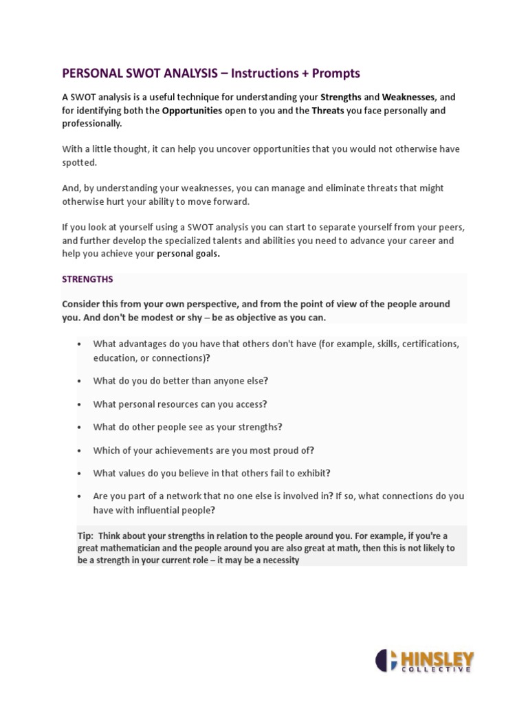 Personal SWOT Analysis Instructions Prompts 2 | PDF | Swot Analysis ...