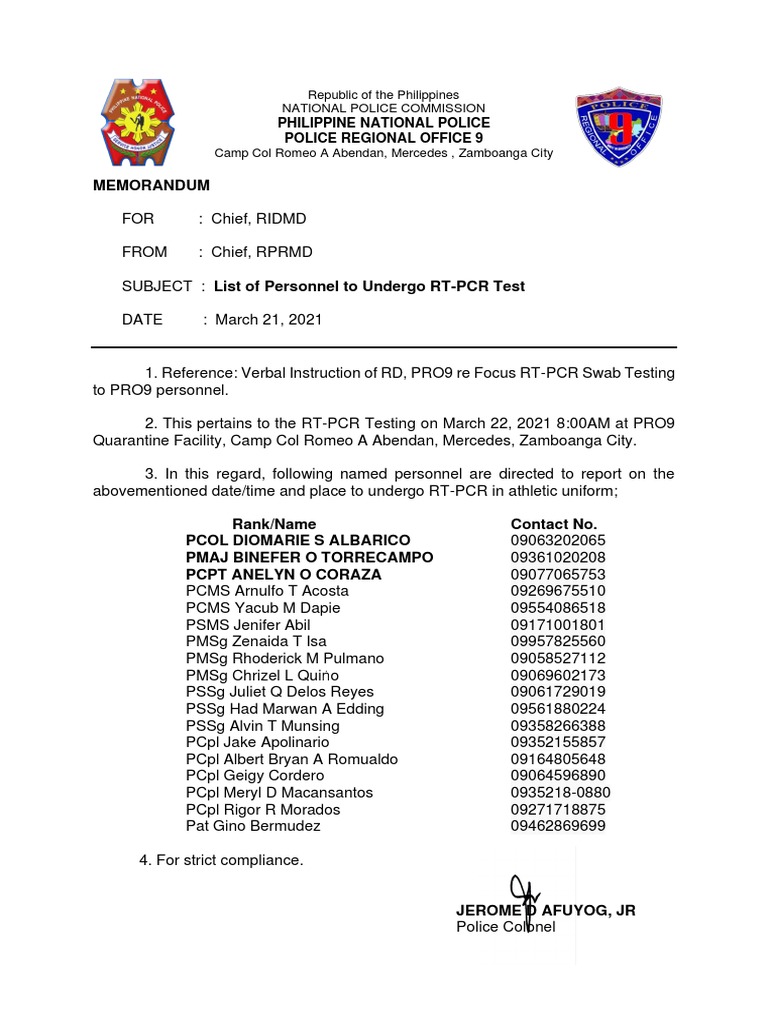 Memorandum: Philippine National Police Police Regional Office 9 | PDF