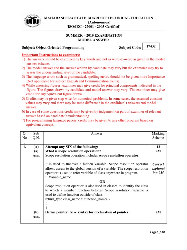 2019 Summer Model Answer Paper (Msbte Study Resources) | PDF | Class (Computer Programming ...