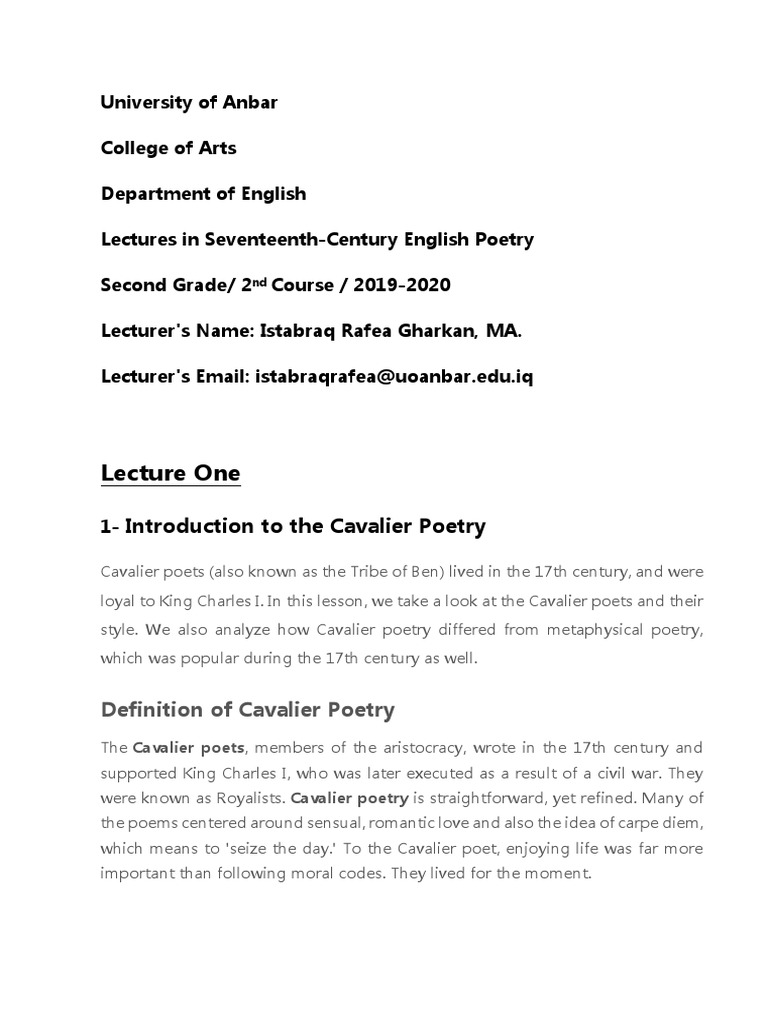 Lecture One: Introduction To The Cavalier Poetry | PDF