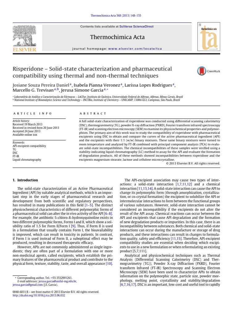 Risperidone - Solid-State Characterization and Pharmaceutical Compatibility Using Thermal and ...