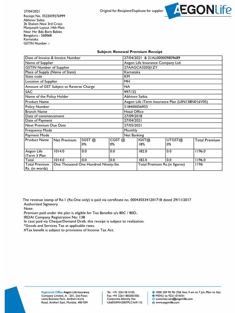 Renewal Premium Receipt for Aegon Life iTerm 3 Plan Insurance Policy ...