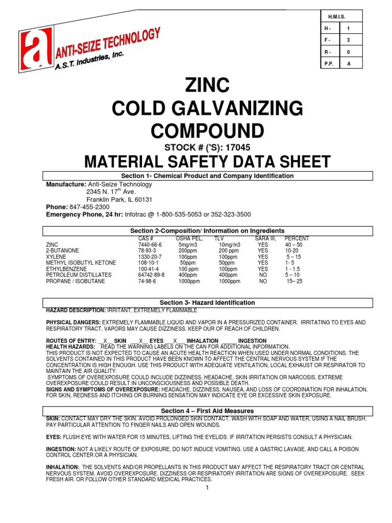 Zinc Cold Galvanizing Compound: Material Safety Data Sheet | PDF ...