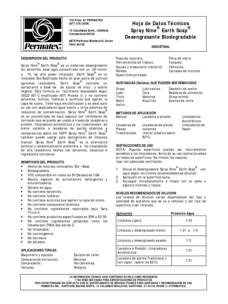Hoja de Datos Técnicos Spray Nine Earth Soap Desengrasante ...