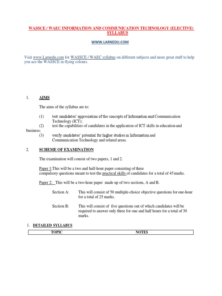 WASSCE ICT Syllabus Guide | PDF | Computer Network | Software