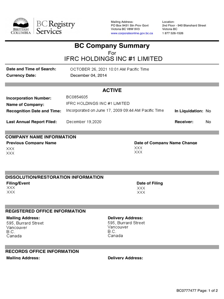 BC Company Summary: Ifrc Holdings Inc #1 Limited | PDF | Postal System ...