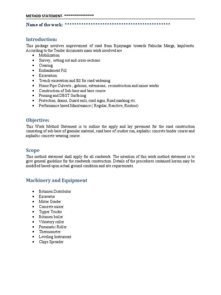 Sample Method-of-Statement-for-Road-Works DBST | PDF | Concrete | Asphalt