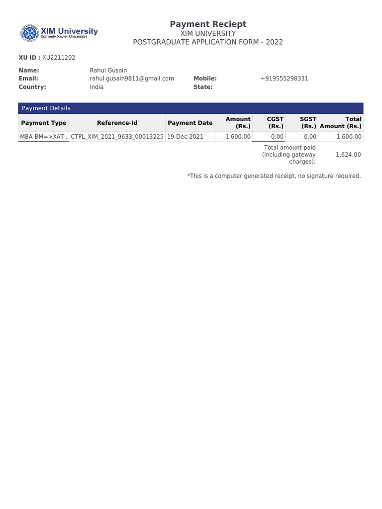 Payment Reciept: Xim University Postgraduate Application Form - 2022 | PDF