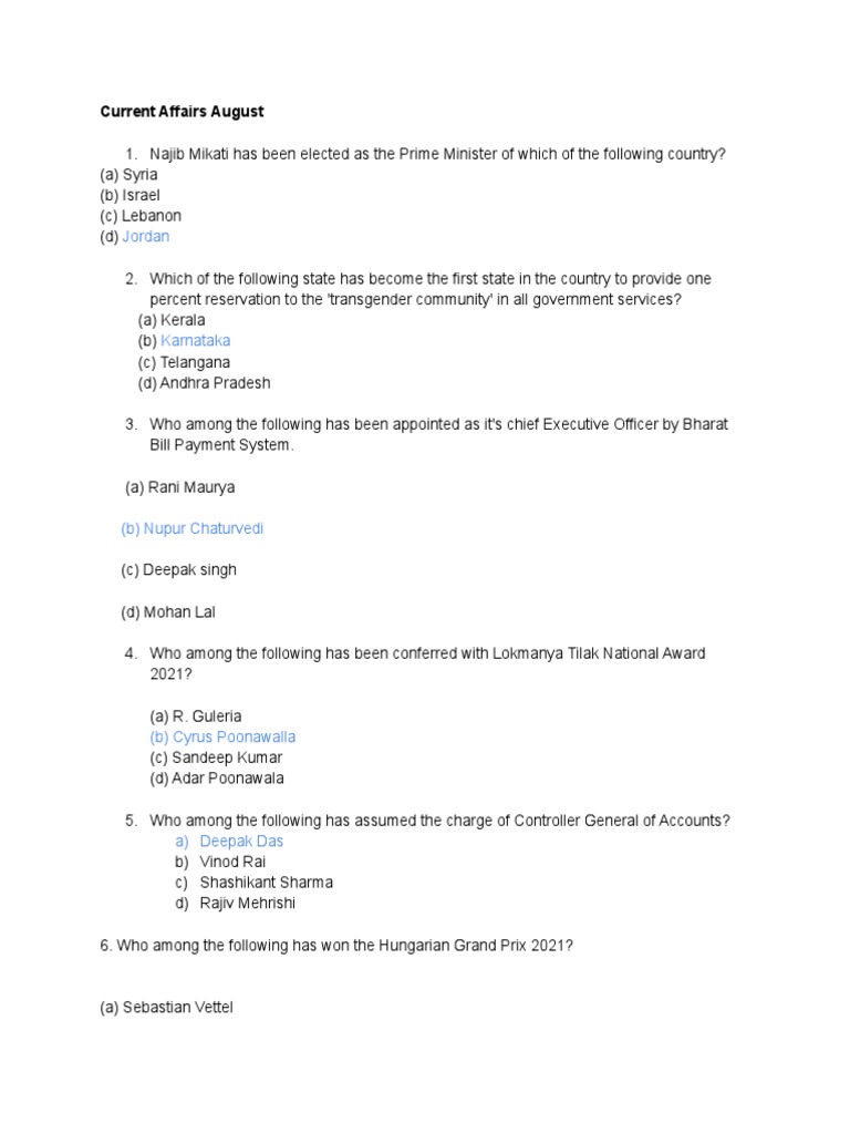 Current Affairs August | PDF