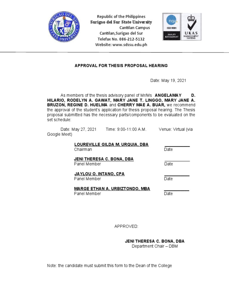 Approval For Thesis Proposal Hearing | PDF