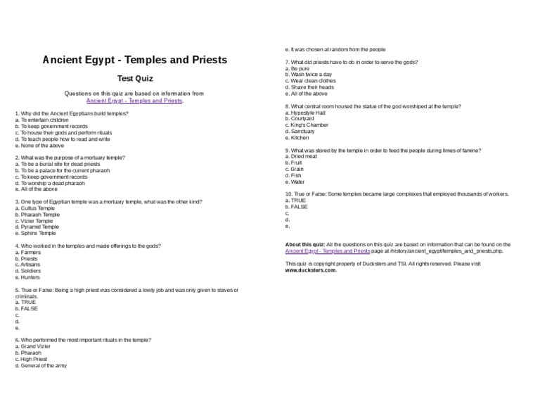 Webquest and Test Printout For Ancient Egypt - Temples and Priests Quiz ...
