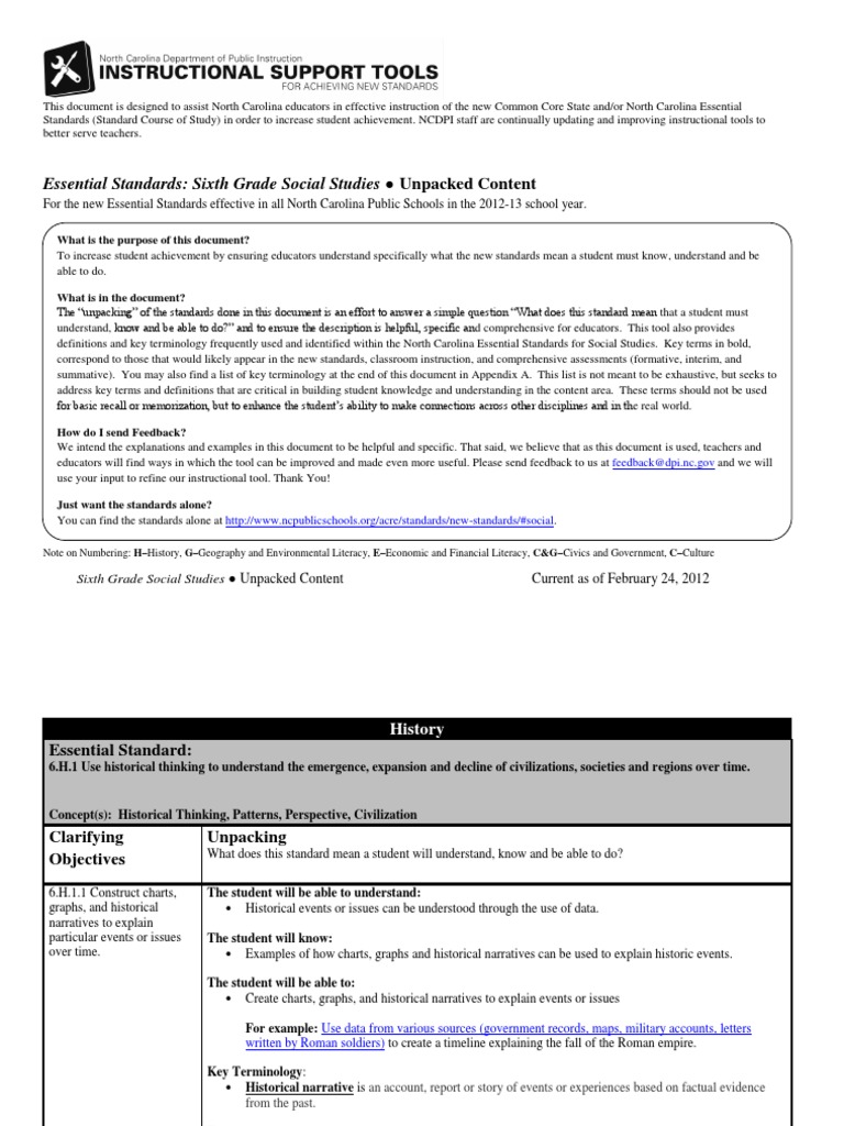 Essential Standards: Sixth Grade Social Studies Unpacked Content | PDF ...