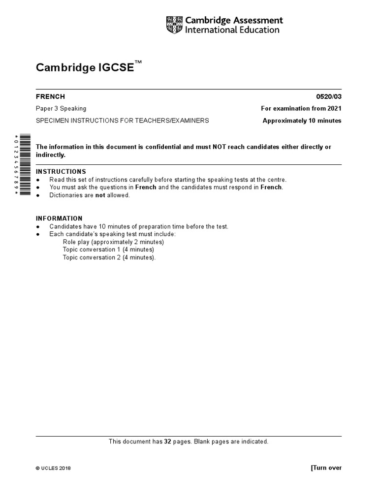 2021 Specimen Paper 3 Instructions For Teachers Examiners | PDF | Test ...