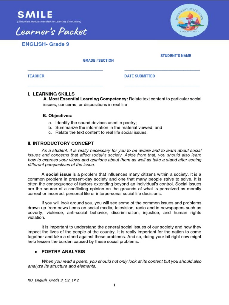 ENGLISH-Grade 9: I. Learning Skills | PDF | Poetry