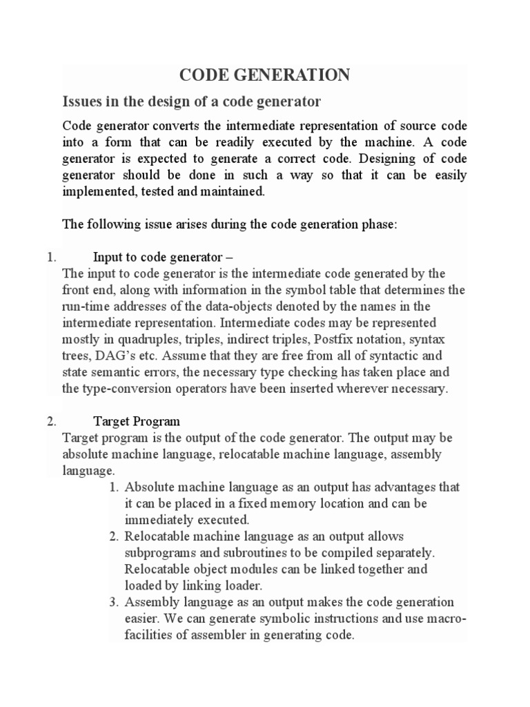 Code Generation Issues In The Design Of A Code Generator Pdf Program Optimization Subroutine