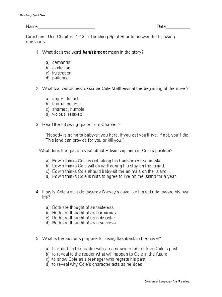 Touching Spirit Bear Chap 1-13 QUIZ | PDF