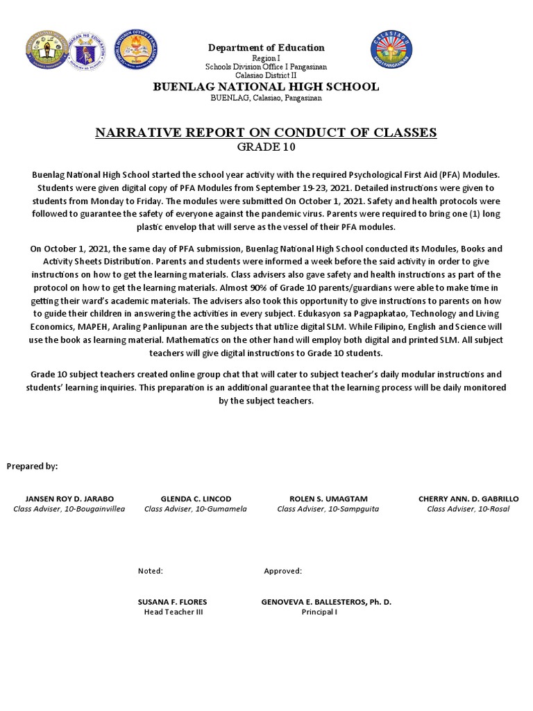 Narrative Report On Conduct of Classes-October 2021 | PDF | Teachers ...