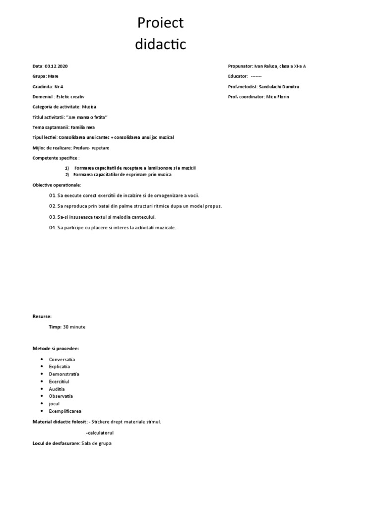 Proiect Didactic Muzica ''Are Mama o Fetita'' | PDF