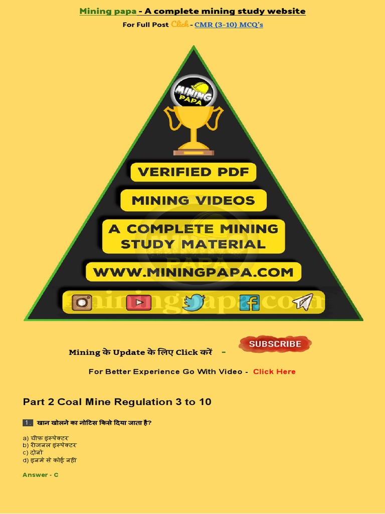 Part-2 Coal Mine Regulation CMR (3-10) MCQ PDF | PDF