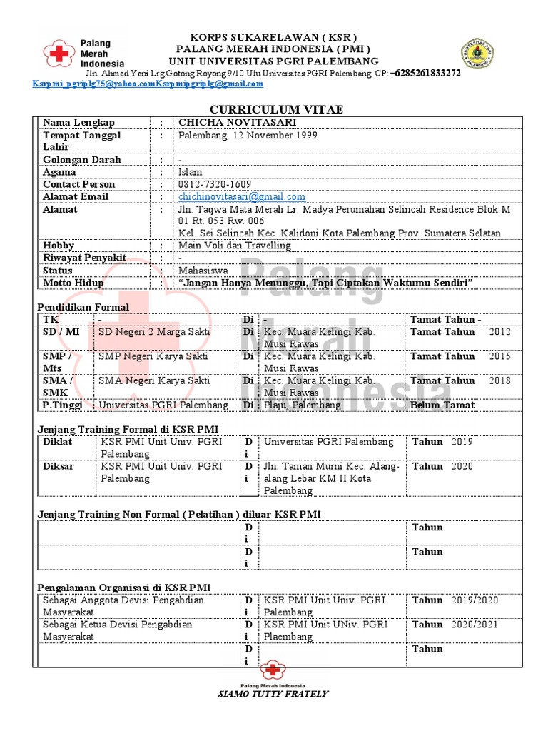 Curriculum Vitae KSR Pmi Chicha Novitasari | PDF