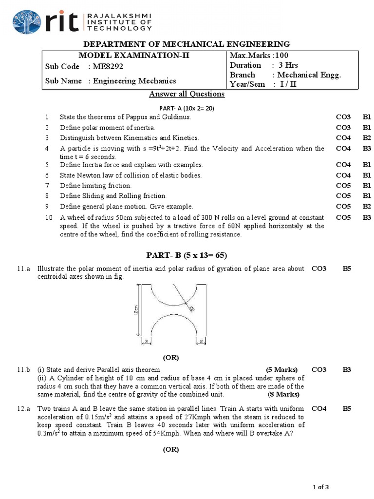Sub Code: ME8292 Sub Name: Engineering Mechanics Max - Marks:100 ...