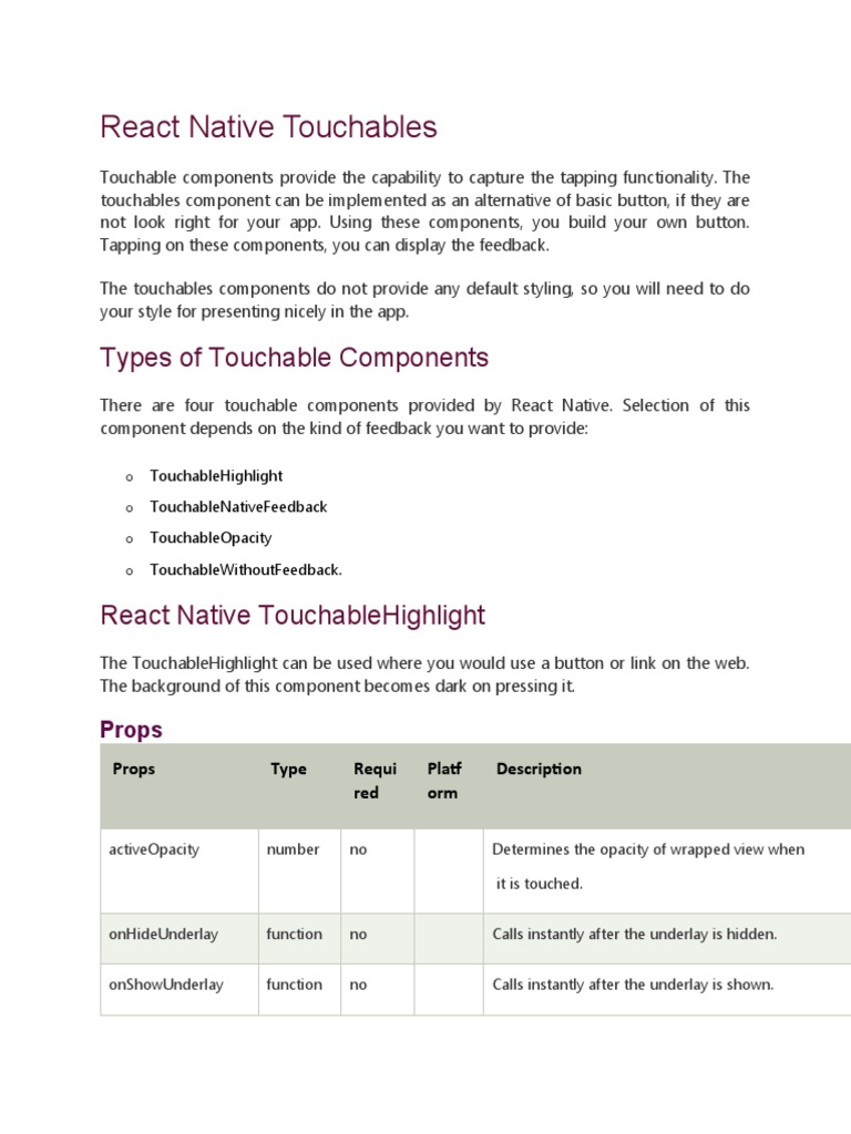 React Native Touchables: Types of Touchable Components | PDF | Ios | Mobile App