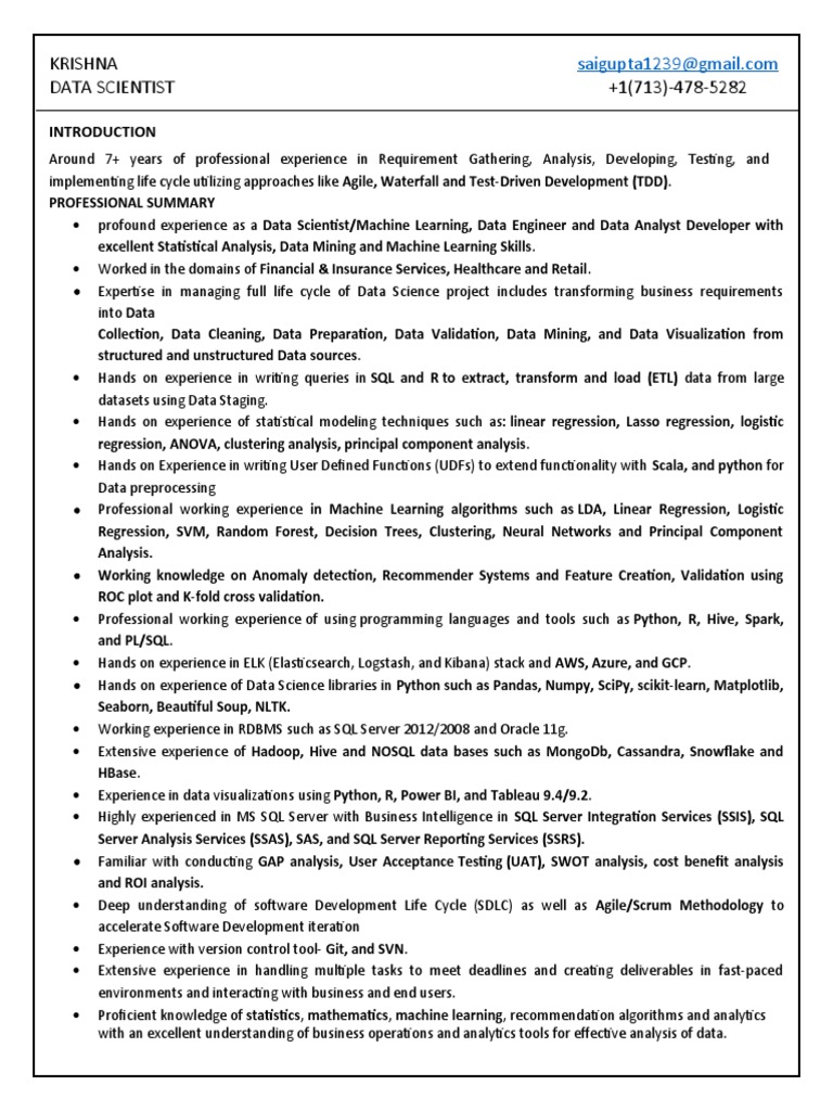 Krishna Data Scientist +1 (713) - 478-5282 | PDF | Machine Learning | Apache Hadoop