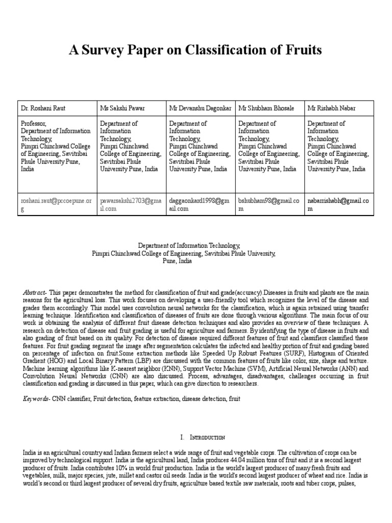 A Survey Paper On Classification of Fruits: Roshani - Raut@pccoepune ...