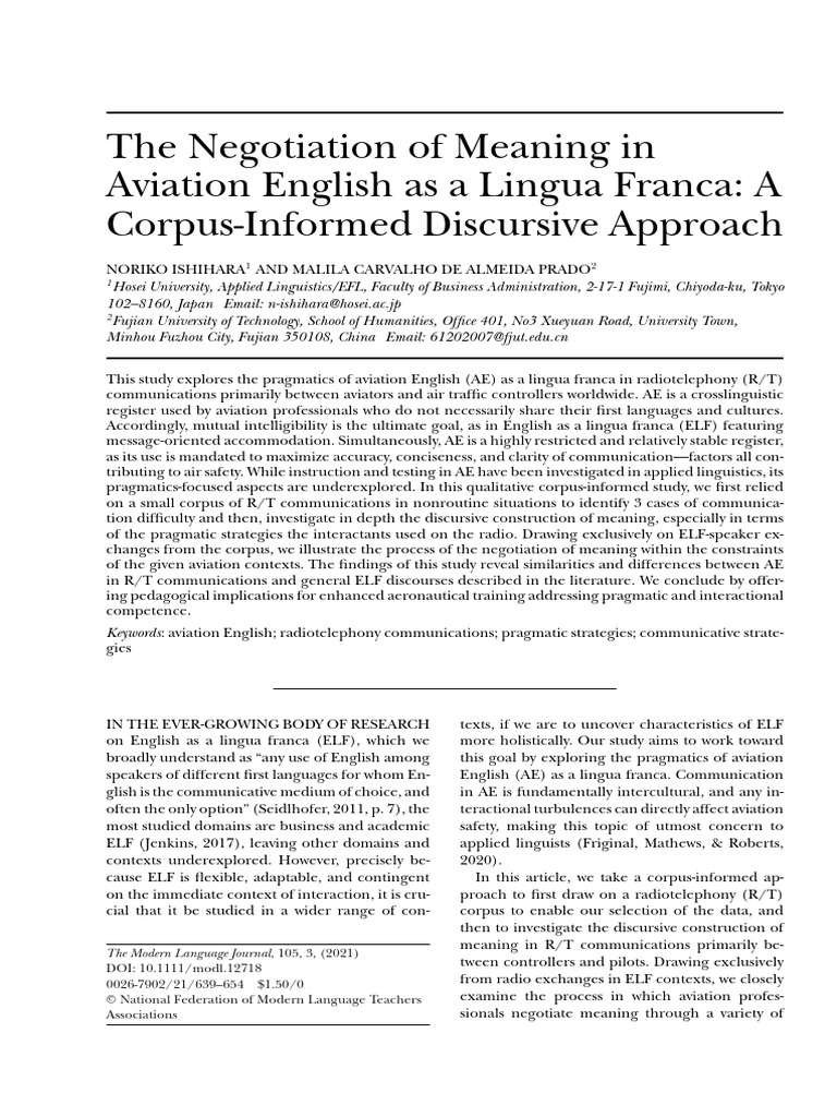 The Negotiation of Meaning in Aviation English As A Lingua Franca: A Corpus-Informed Discursive ...