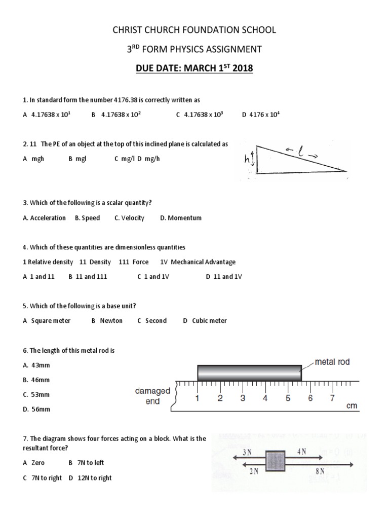Due Date: March 1 2018: Christ Church Foundation School 3 Form Physics Assignment | PDF | Force ...