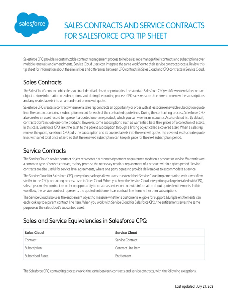 Sales Contracts and Service Contracts For Salesforce CPQ Tip Sheet ...