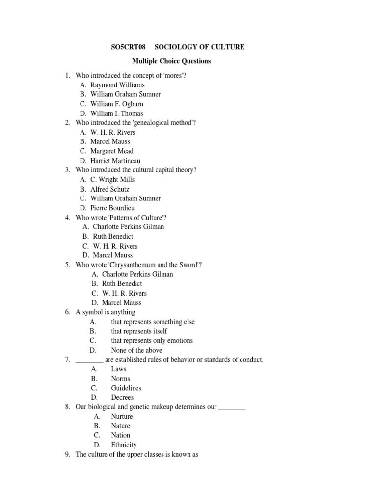 Sociology MCQs on Culture Concepts | PDF | Id | Value (Ethics)