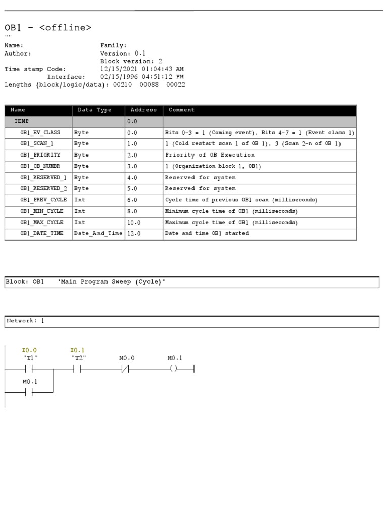 Main Program Sweep (Cycle) - Organization Block 1 Variable Declarations and Program Logic | PDF