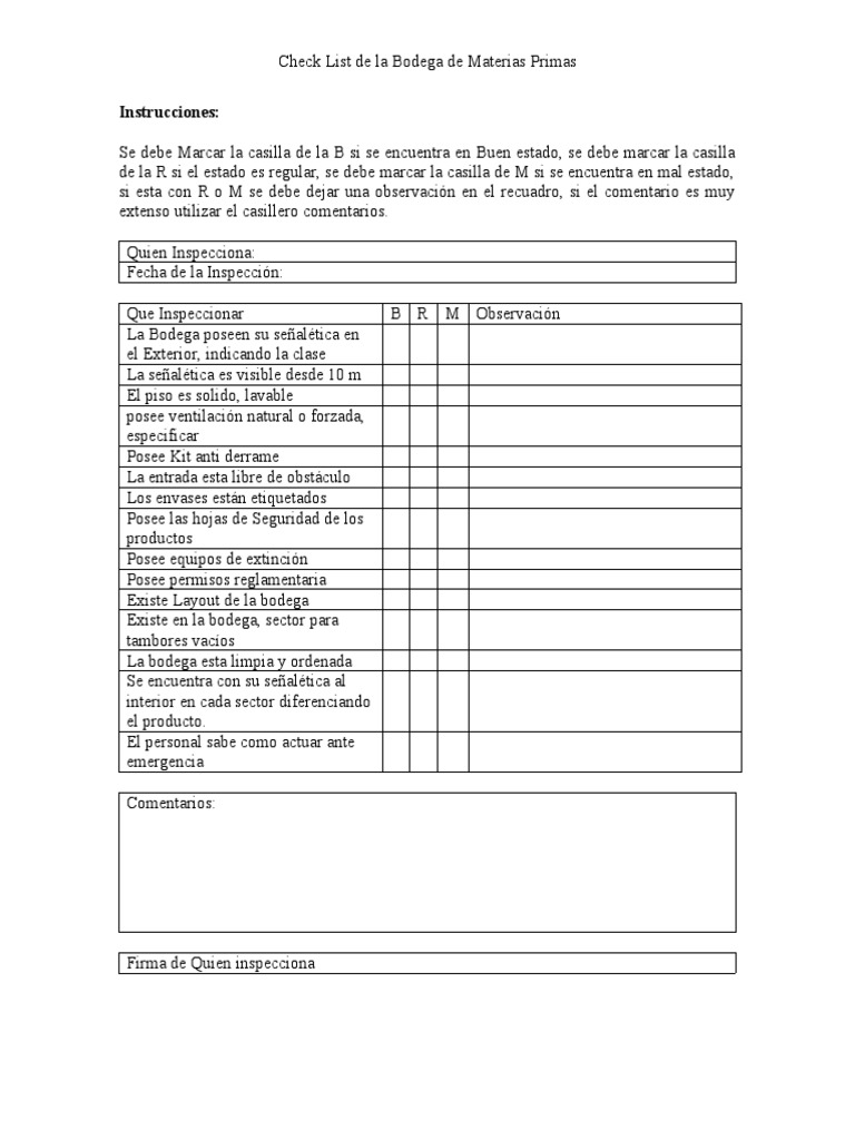 00 Check List Bodega de Materias Primas | PDF