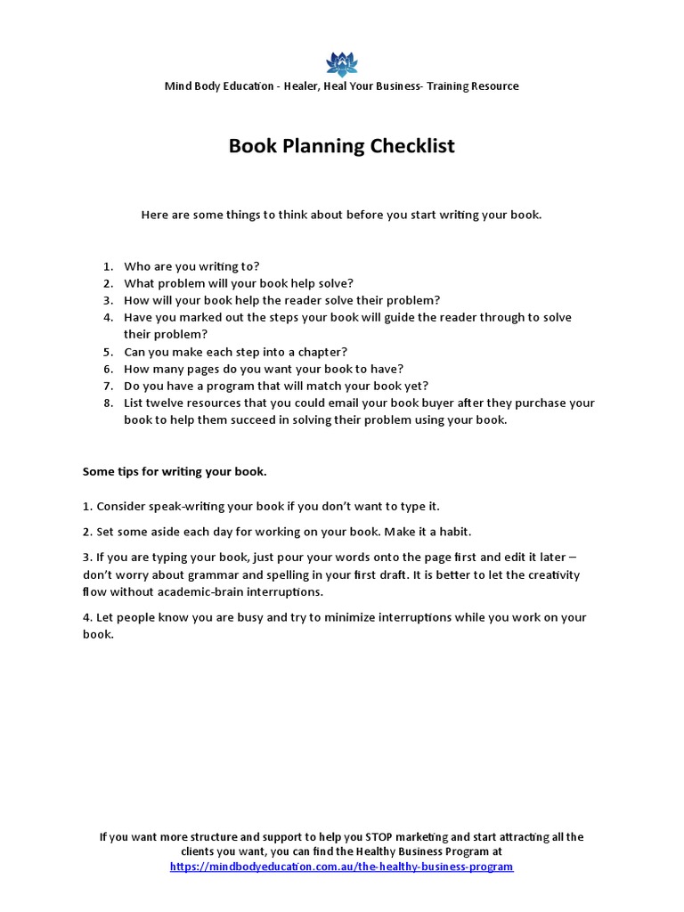 Book Planning Checklist: Mind Body Education - Healer, Heal Your ...
