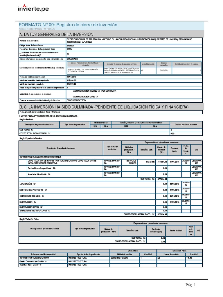 Formato de Cierre - Losa Patahuasi | PDF | Inversiones | Economias
