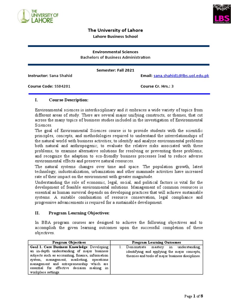 Environmental Science Course Outline - Fall 2021 | PDF | Leadership ...