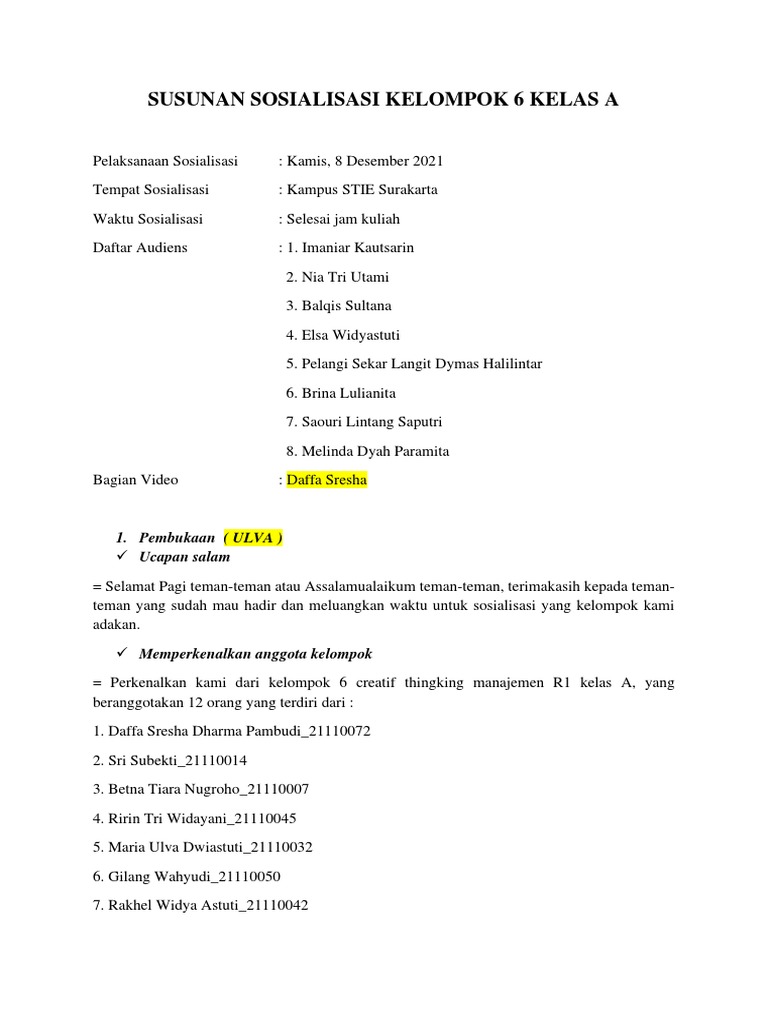 Susunan Sosialisasi Kelompok 6 Kelas A | PDF