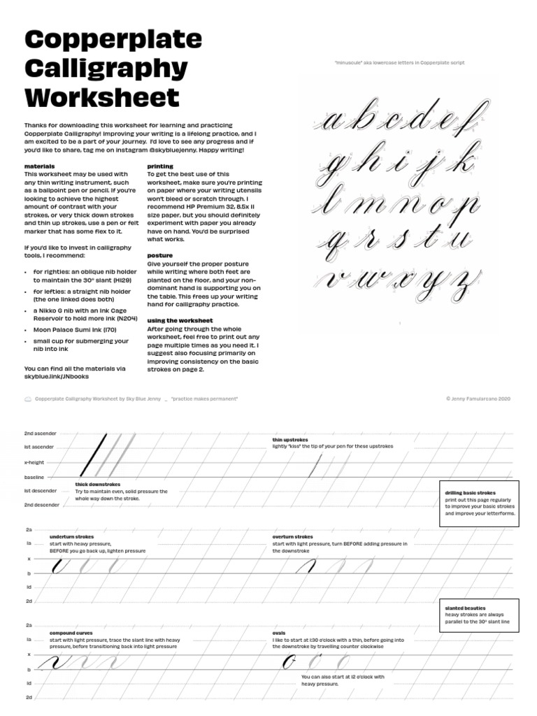 Copperplate Calligraphy Worksheet: "Minuscule" Aka Lowercase Letters in ...