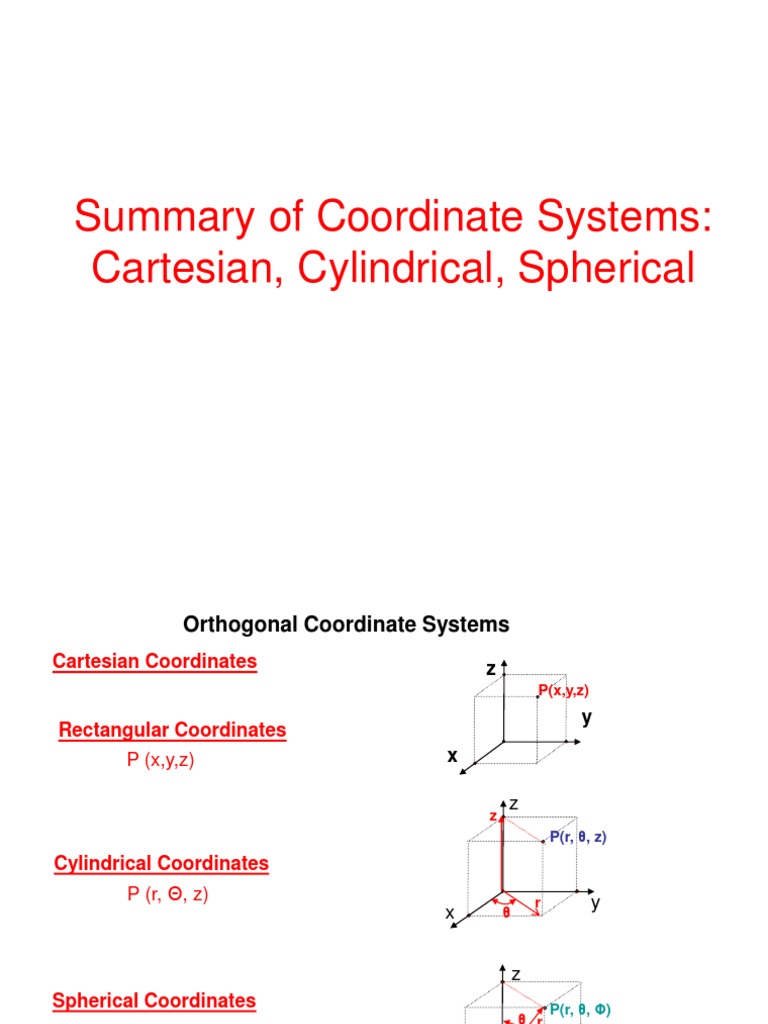 Summary of Coordinate Systems: Cartesian, Cylindrical, Spherical | PDF ...
