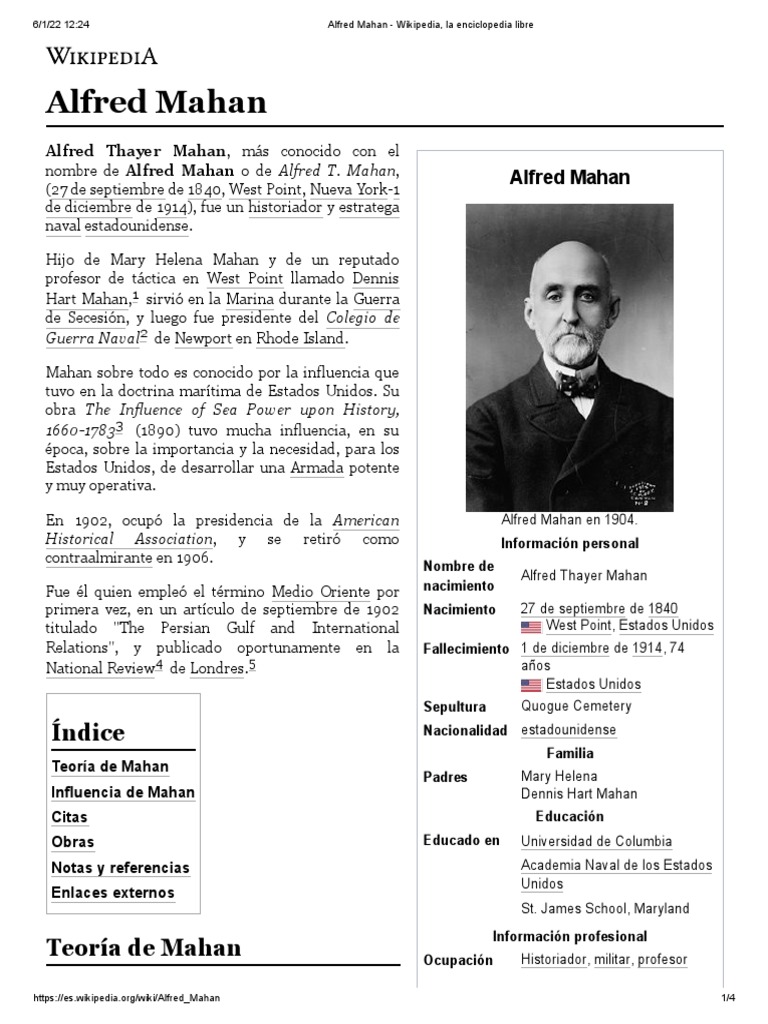 Alfred Mahan - Wikipedia, La Enciclopedia Libre | PDF | Alfred Thayer Mahan