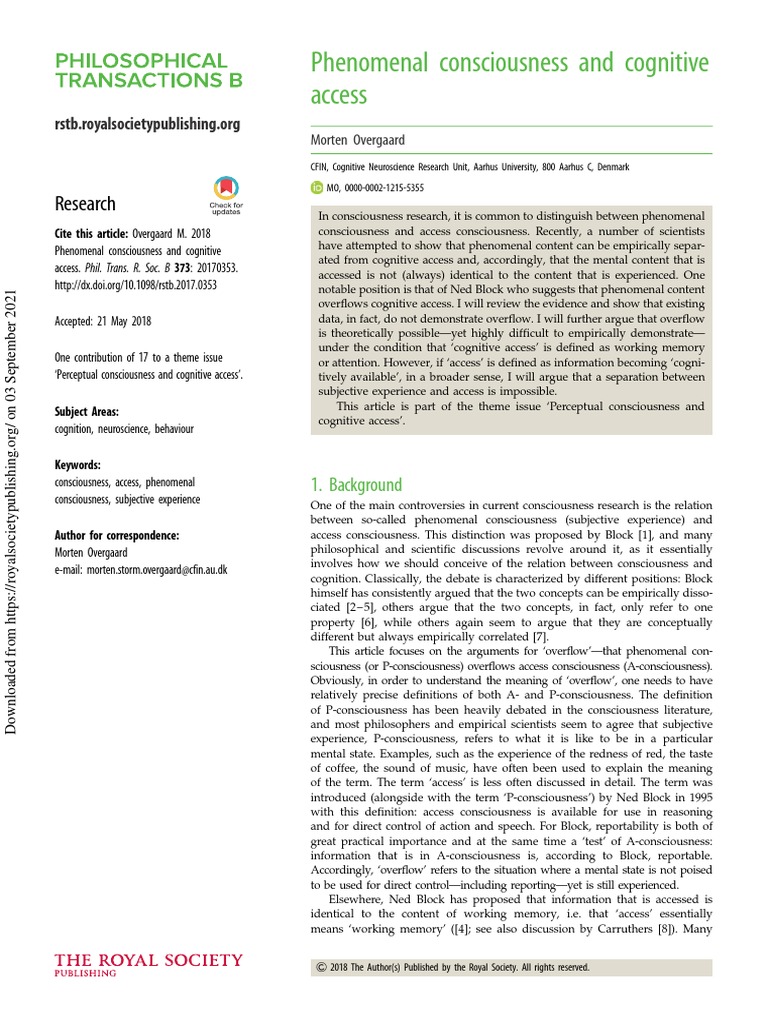 Phenomenal Consciousness and Cognitive Access: Research | PDF ...