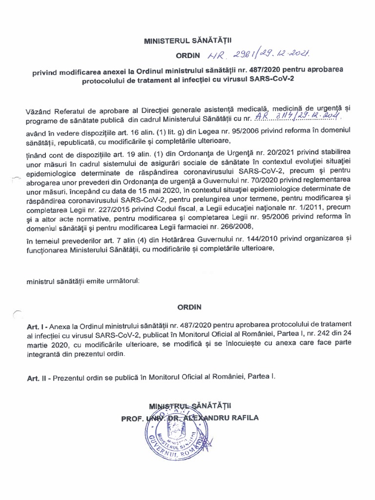 Ordin Nr. 2961 - 2021 Privind Modificarea Anexei La Ordinul Nr. 487 - 2020 Pentru Aprobarea ...