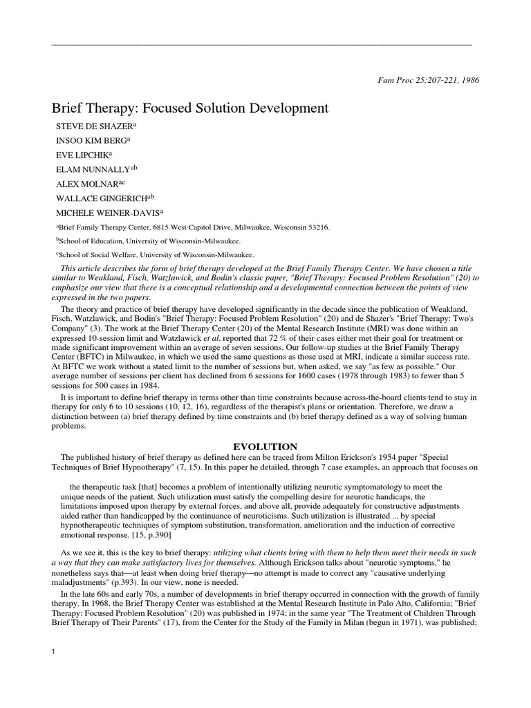 Brief Therapy: Solution-Focused Approach | PDF | Psychotherapy | Family ...