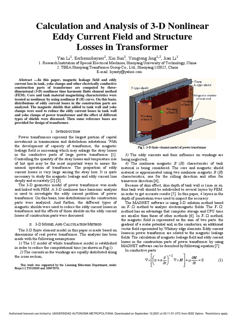 Calculation And Analysis Of 3 D Nonlinear Eddy Current Field And Structure Losses In Transformer