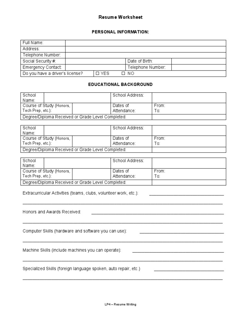 Resume Worksheet: Personal Information | Download Free PDF | Résumé