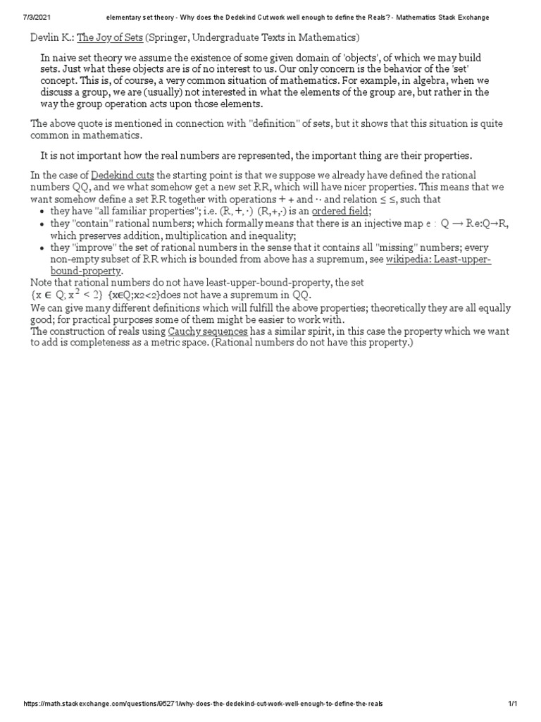 Elementary Set Theory - Why Does The Dedekind Cut Work Well Enough To ...