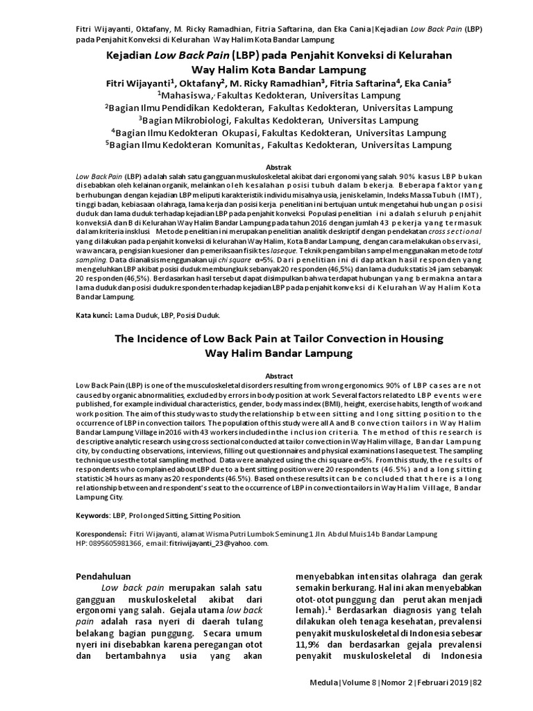 Kejadian Low Back Pain (LBP) Pada Penjahit Konveksi Di Kelurahan Way ...
